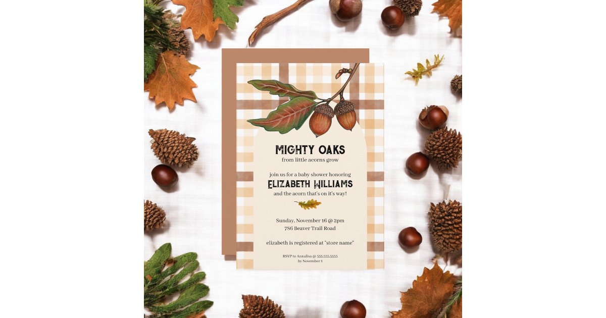 Brown Plaid Fall Acorn Baby Shower Invitation | Zazzle
