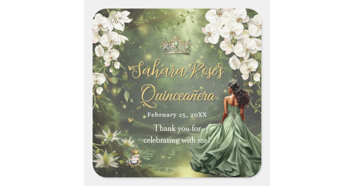 Brown Princess and Frog Sage Green Quinceanera 16 Square Sticker | Zazzle