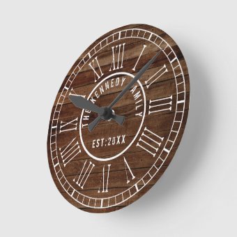 Brown Reclaimed Wood White Roman Numeral Family Round Clock | Zazzle