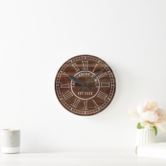 Brown Reclaimed Wood White Roman Numeral Family Round Clock | Zazzle