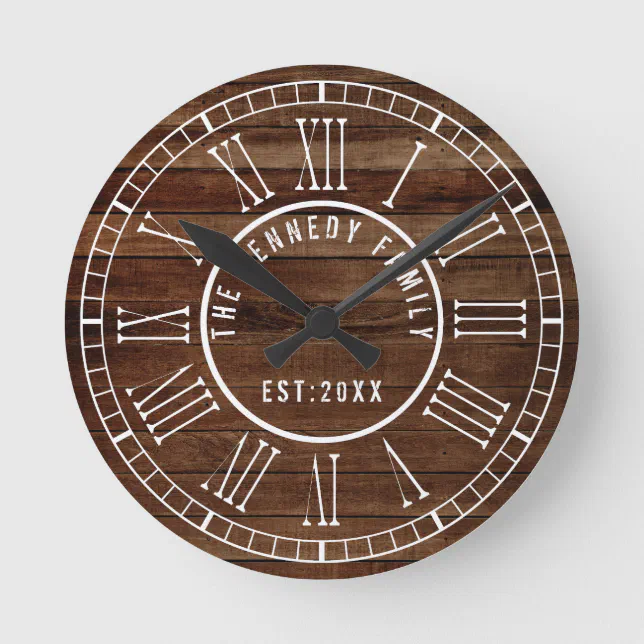 Brown Reclaimed Wood White Roman Numeral Family Round Clock | Zazzle