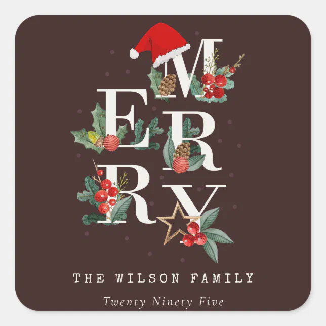 Brown Red Green White Merry Christmas Foliage Square Sticker | Zazzle