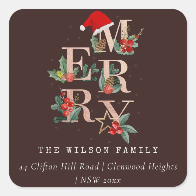 Brown Rose Gold Merry Christmas Foliage Address Square Sticker | Zazzle