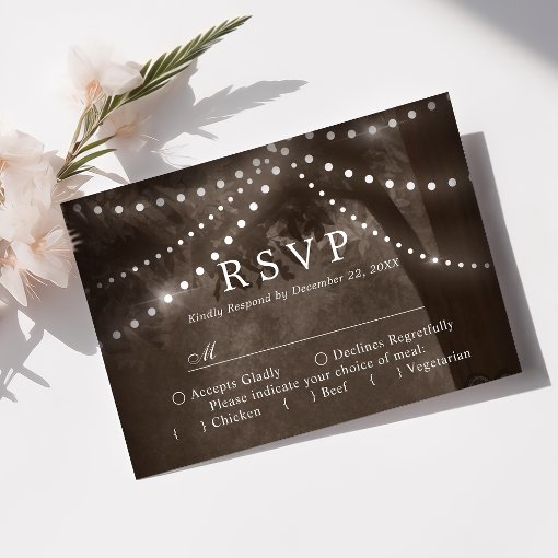 Brown Rustic Tree String Lights Wedding RSVP | Zazzle