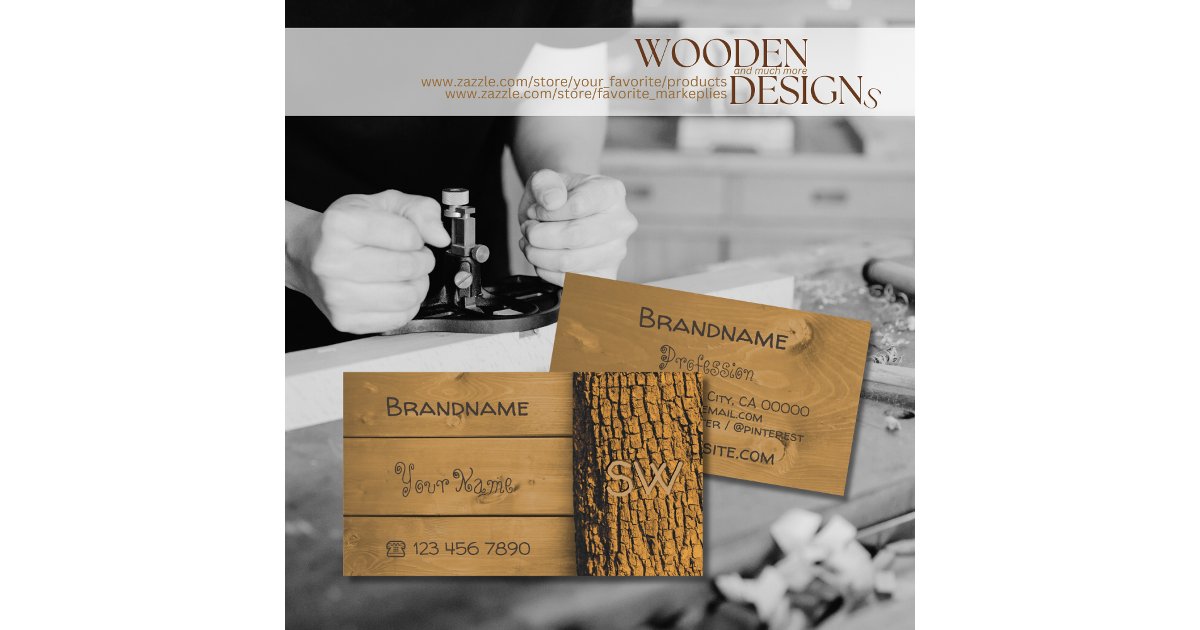 Brown Rustic Wooden Boards Tree Bark with Monogram Business Card | Zazzle