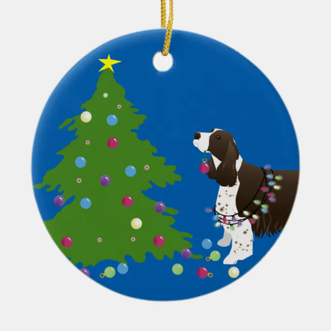 Brown Springer Spaniel Christmas Illustration Ceramic Ornament | Zazzle
