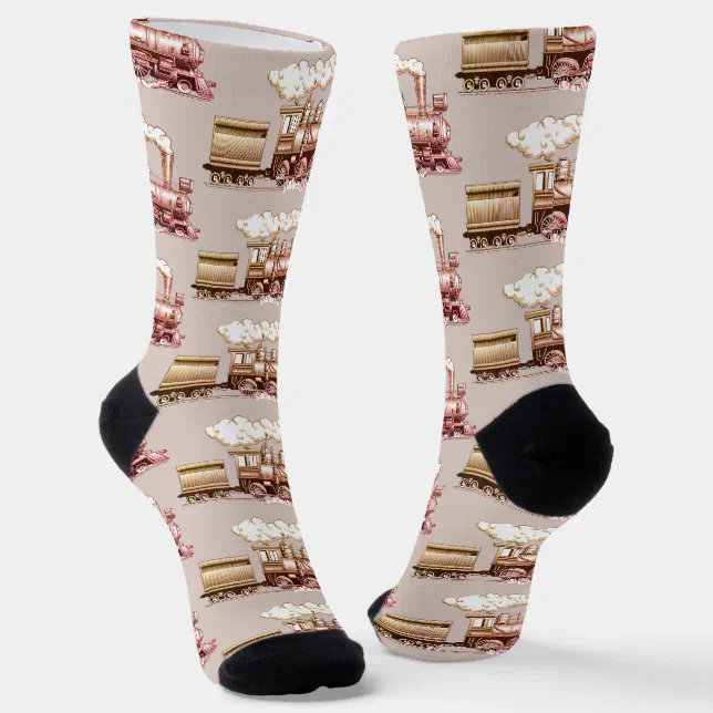 Brown Steam Engine Locomotive Train on Beige Socks | Zazzle