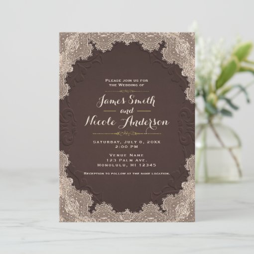 Brown Suede Leather Vintage Lace Western Wedding Invitation | Zazzle