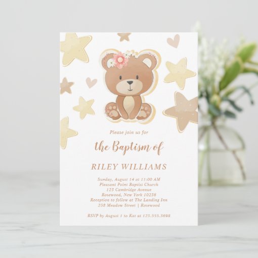 Brown Teddy Bear Girl Baptism Invitation | Zazzle