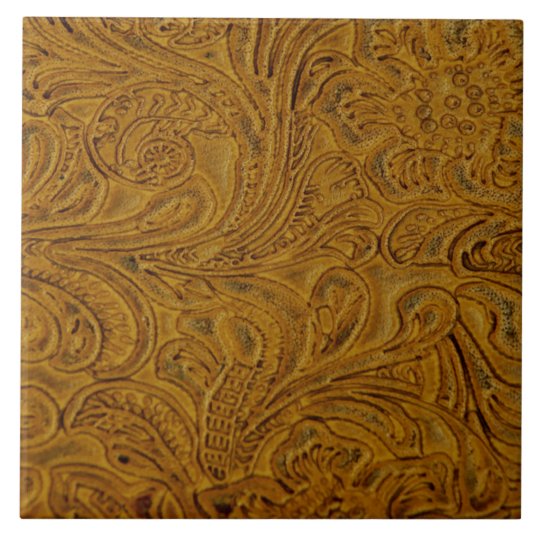 Brown Tooled Leather-Look Tile | Zazzle.com