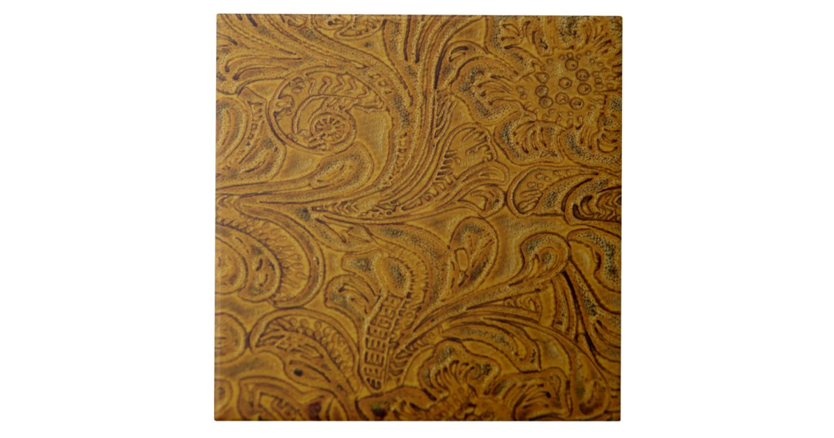 Brown Tooled Leather-Look Tile | Zazzle