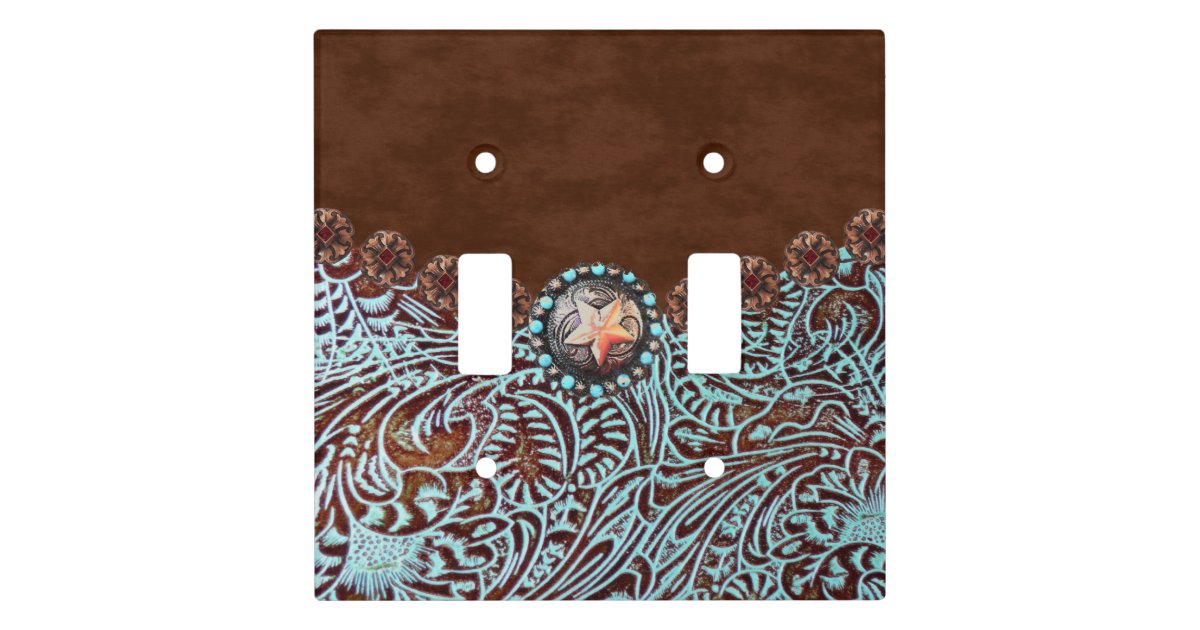 brown turquoise western country tooled leather light switch cover | Zazzle