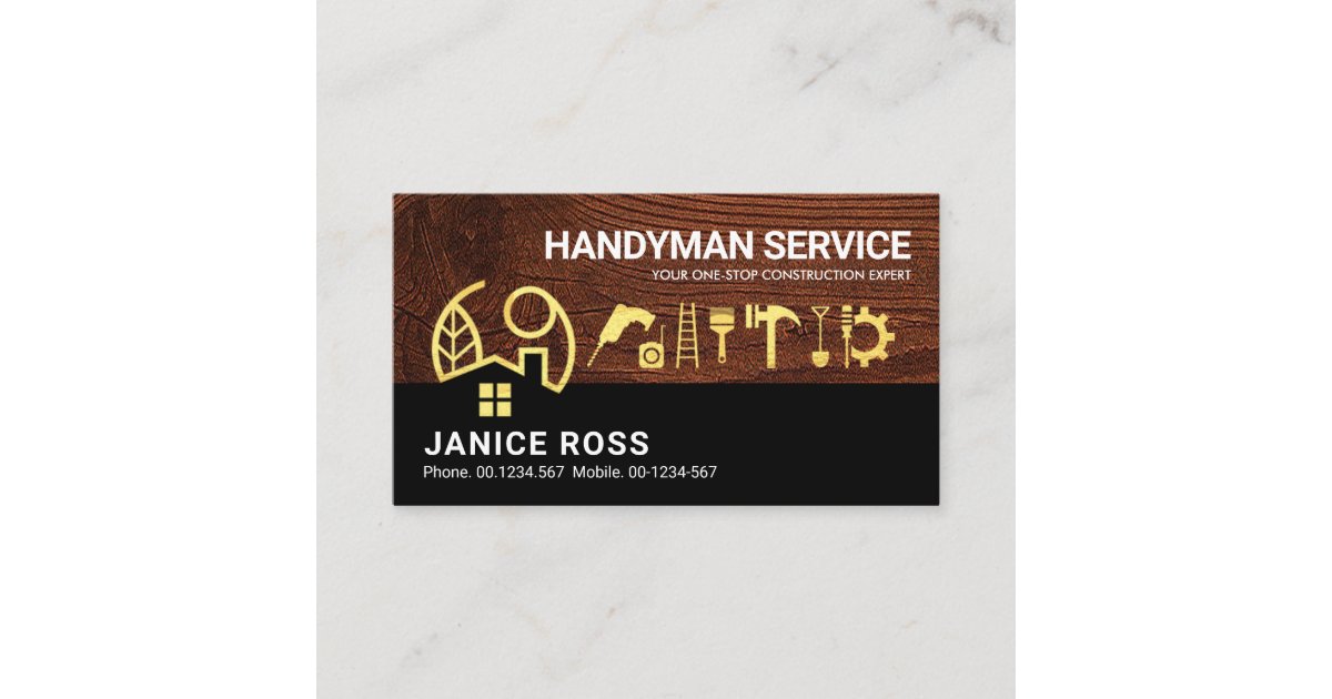 Brown Wood Gold Home Handyman Tools Business Card | Zazzle