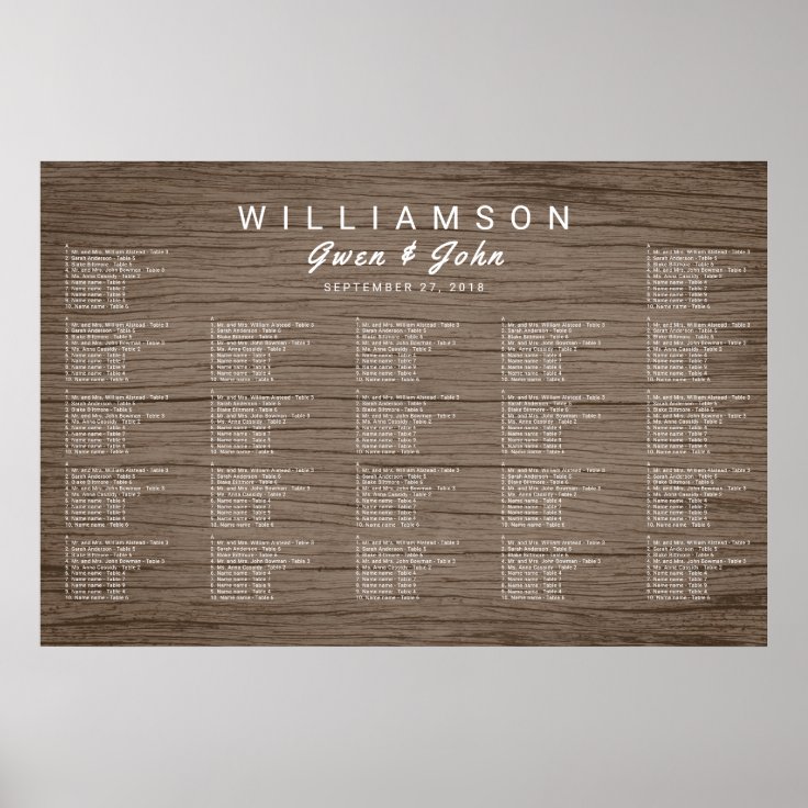 Brown Wood Grain Rustic Seating Chart Poster | Zazzle