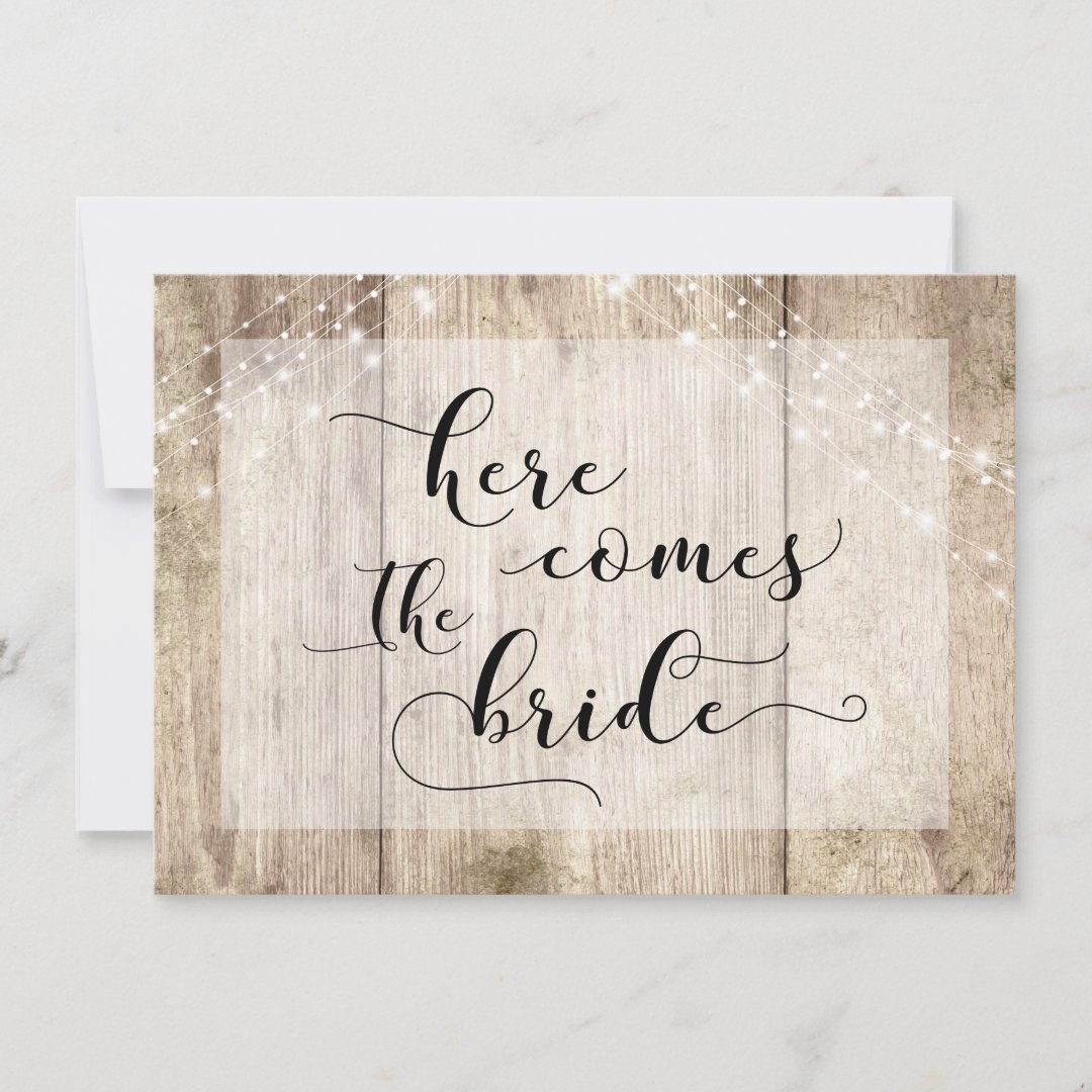 Brown Wood Lights Here Comes the Bride Dog's Sign Invitation | Zazzle