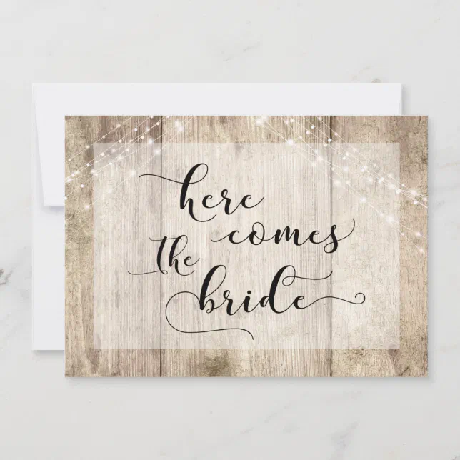 Brown Wood Lights Here Comes the Bride Dog's Sign Invitation | Zazzle