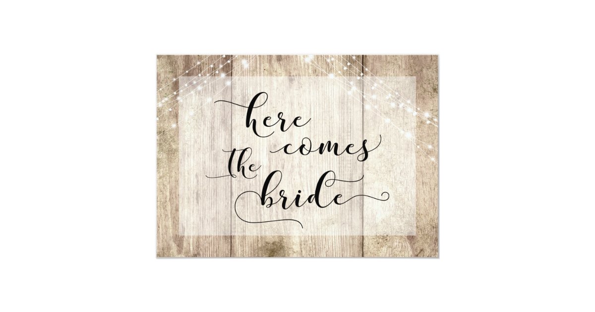 Brown Wood Lights Here Comes the Bride Dog's Sign Invitation | Zazzle.com