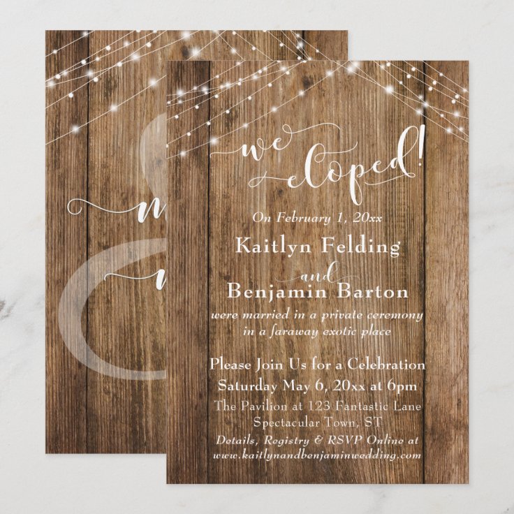Brown Wood Lights We Eloped Typography, Reception Invitation | Zazzle