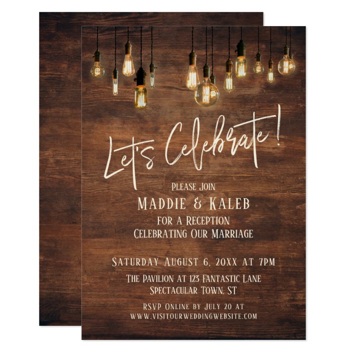 Brown Wood Wall with Edison Lights Let's Celebrate Invitation | Zazzle.com
