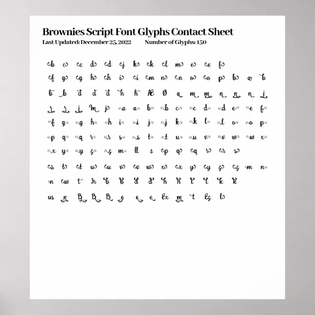 Brownies Script Font Glyphs Contact Sheet Poster | Zazzle