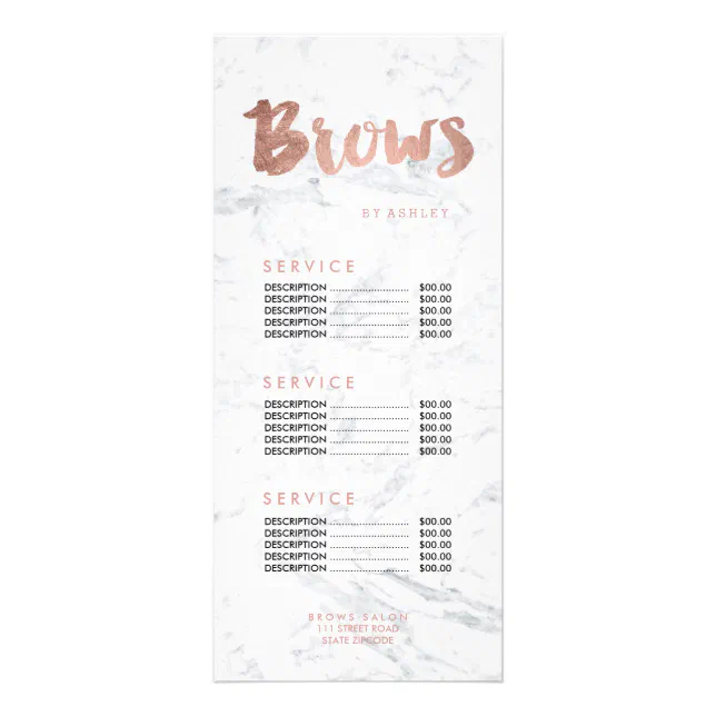 Brows faux gold marble price list menu | Zazzle
