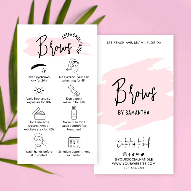 Brows Microblading Aftercare Pink Watercolor PMU Business Card | Zazzle