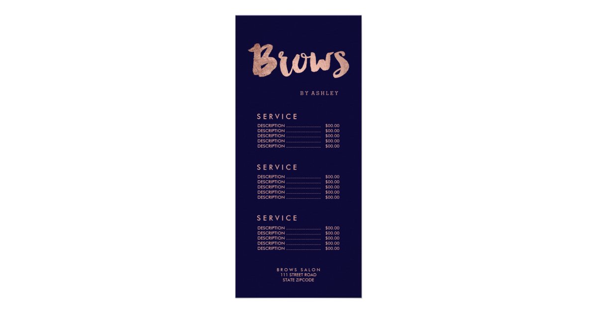 Brows rose gold navy price list menu | Zazzle