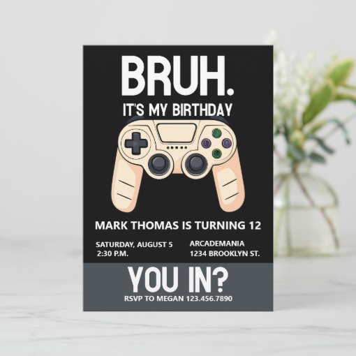 BRUH Birthday Party Arcade Gamer Teen Boy Invitation | Zazzle