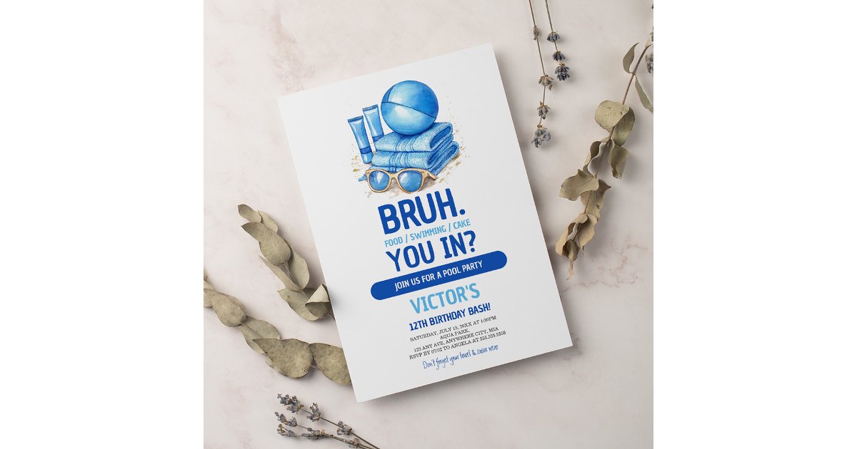 BRUH Blue Pool Party Boy Birthday Invitation | Zazzle