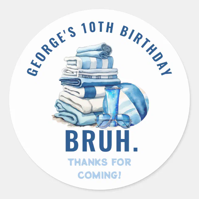 BRUH Blue Pool Party Boy Birthday Thank You Classic Round Sticker | Zazzle
