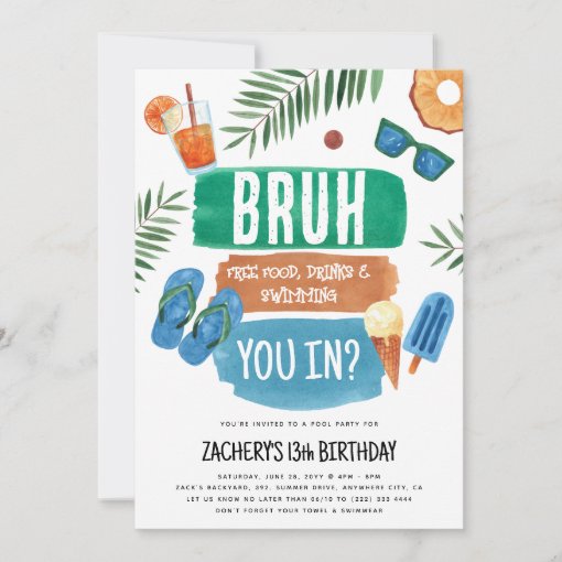 Bruh Boy Pool Party Birthday Invitation | Zazzle