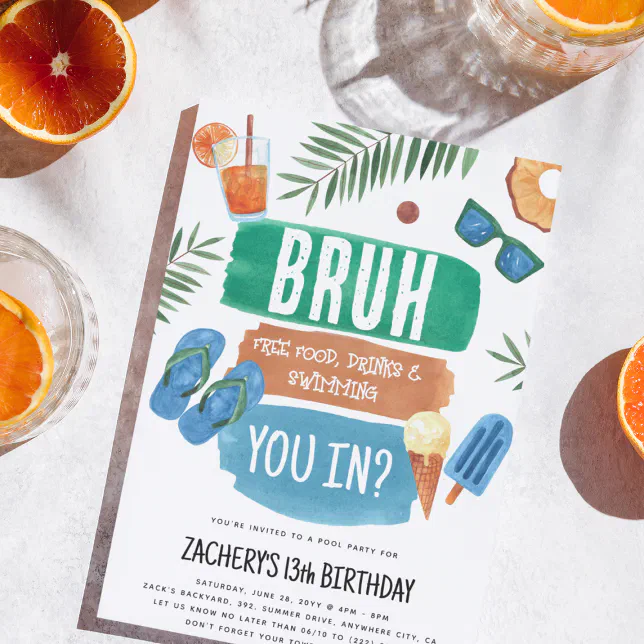 Bruh Boy Pool Party Birthday Invitation | Zazzle