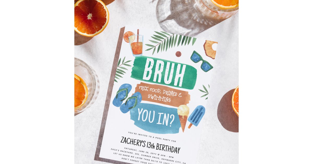 Bruh Boy Pool Party Birthday Invitation | Zazzle