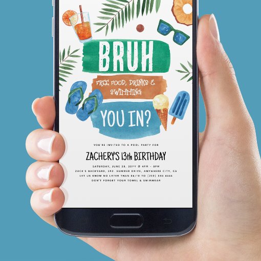 Bruh Boy Pool Party Birthday Invitation | Zazzle