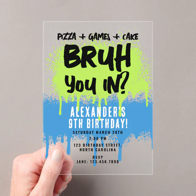 Bruh Boy's Birthday Party Neon Graffiti Green Blue Acrylic Invitations ...