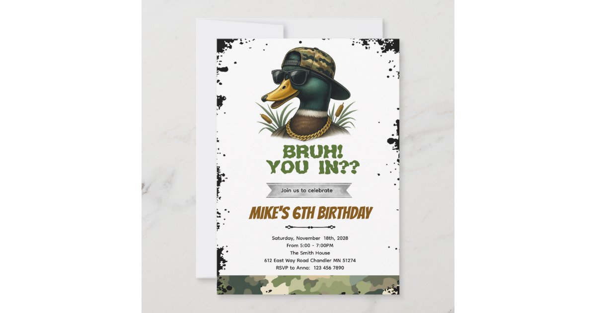 Bruh duck hunting birthday invitation | Zazzle