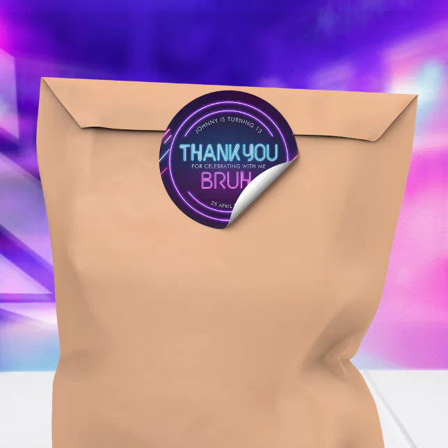 Bruh Neon Arcade Video Games Birthday Thank You Classic Round Sticker ...