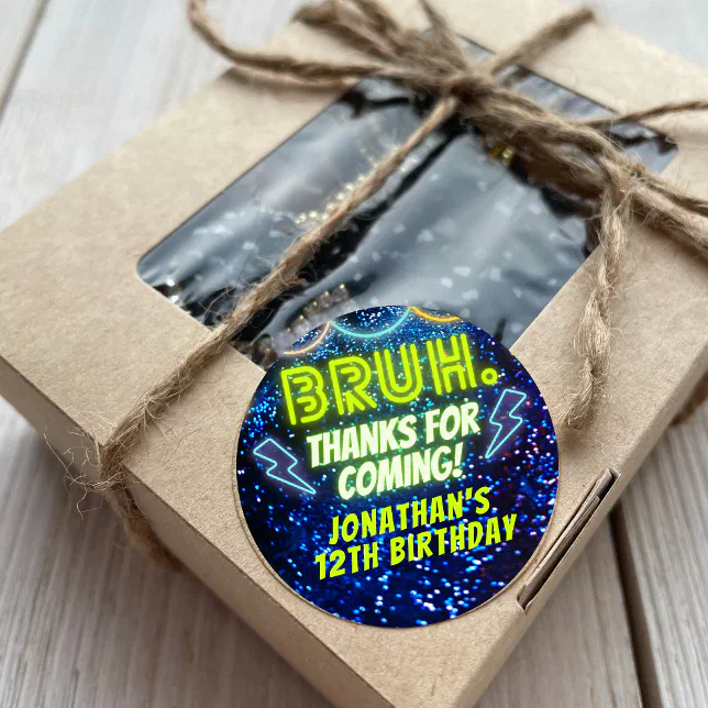 Bruh Neon Glow Blue Green Birthday Thank You Favor Classic Round ...