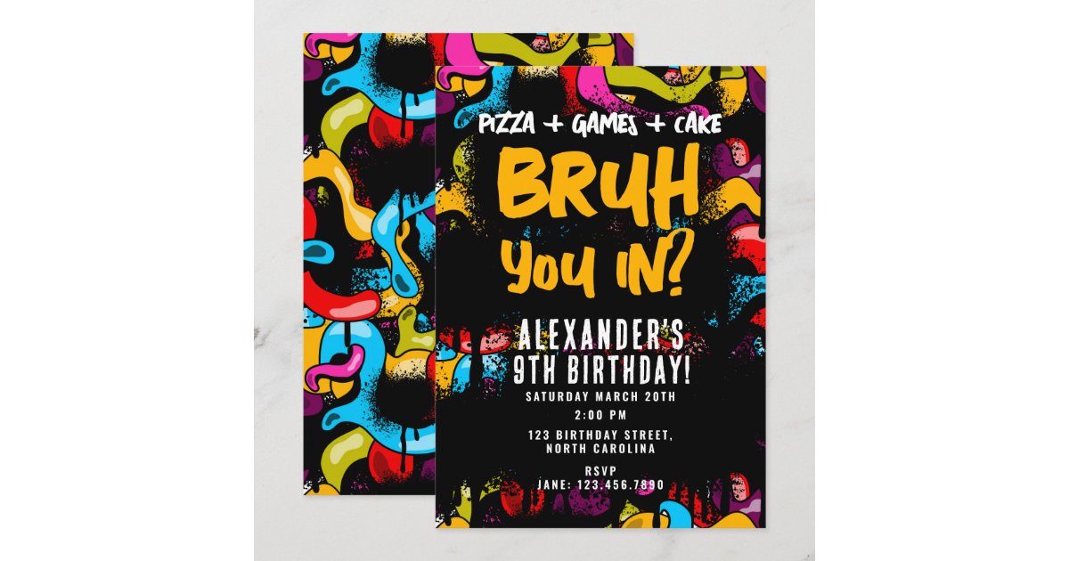 Bruh Neon Graffiti Hip Hop Street Art Birthday Invitation | Zazzle