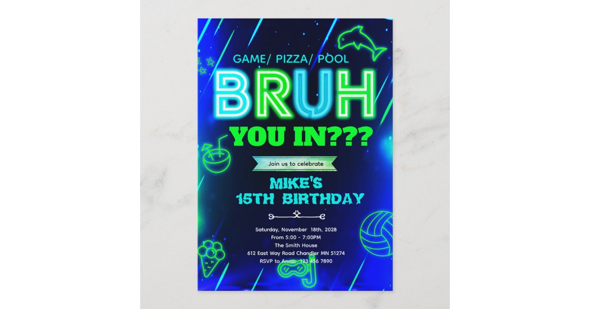 Bruh Neon pool Birthday Invitation | Zazzle