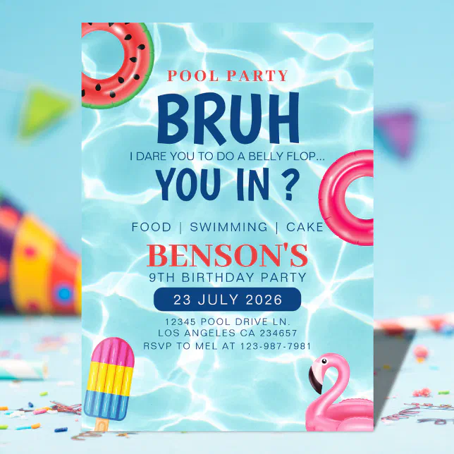 Bruh Pool Party Boy Birthday Invitation | Zazzle