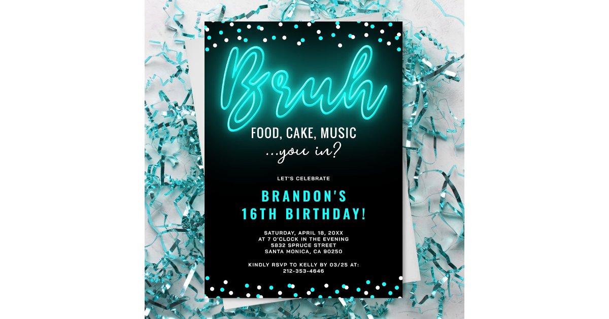 BRUH Teen Boy Neon Birthday Party Invitation | Zazzle