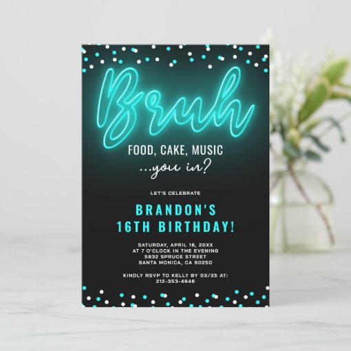 BRUH Teen Boy Neon Birthday Party Invitation | Zazzle