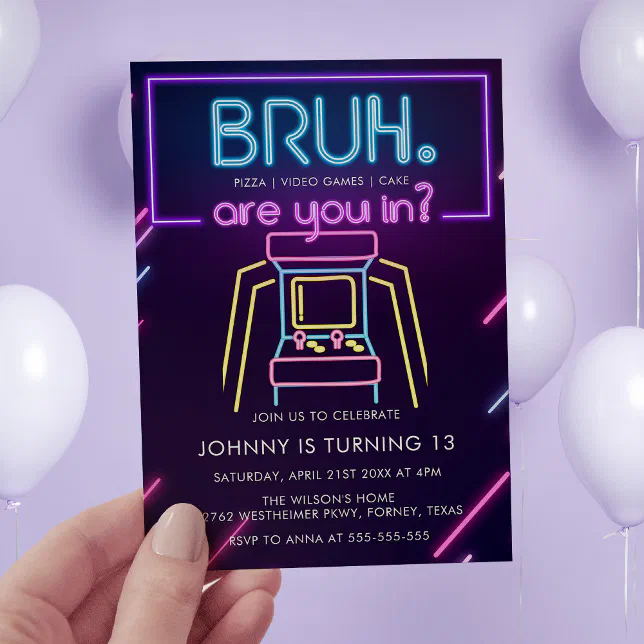 Bruh, You In? Neon Arcade Video Games Boy Birthday Invitation | Zazzle