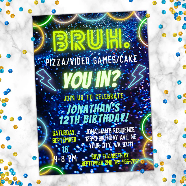 Bruh You In? Neon Glow Blue Green Boy Birthday Invitation | Zazzle