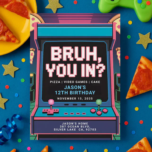 Bruh You In? Neon Video Game Arcade Birthday Party Invitation | Zazzle