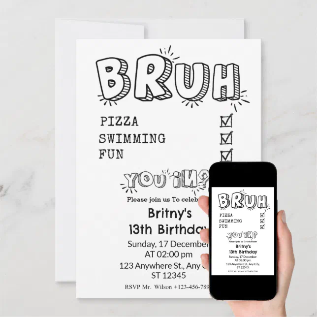 Bruh, You're Invited Black & White Birthday Party Invitation | Zazzle