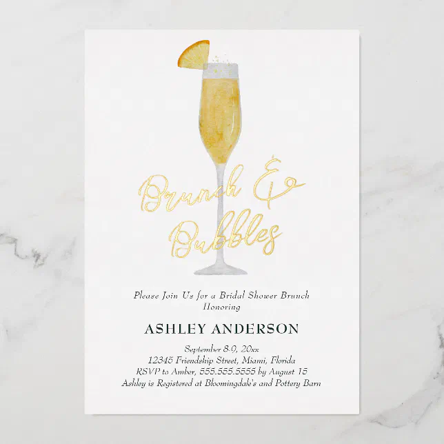 Brunch and Bubbles Mimosa Cocktail Bridal Shower Foil Invitation | Zazzle