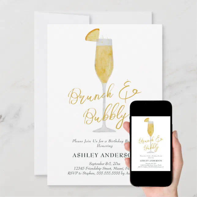 Brunch and Bubbly Mimosa Cocktail Birthday Party Invitation | Zazzle