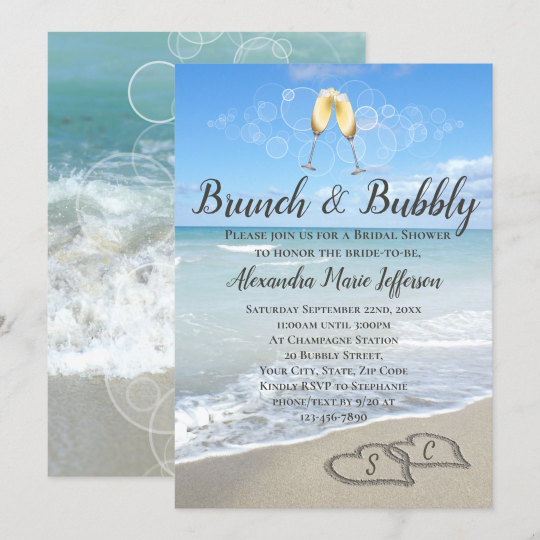 Brunch and Bubbly Sand Hearts Beach Bridal Shower Invitation | Zazzle